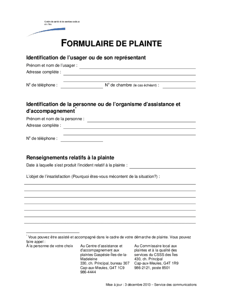 Fillable Online Fillable Online FORMULAIRE DE PLAINTE Fax Email Print ... Fax Email Print ...
