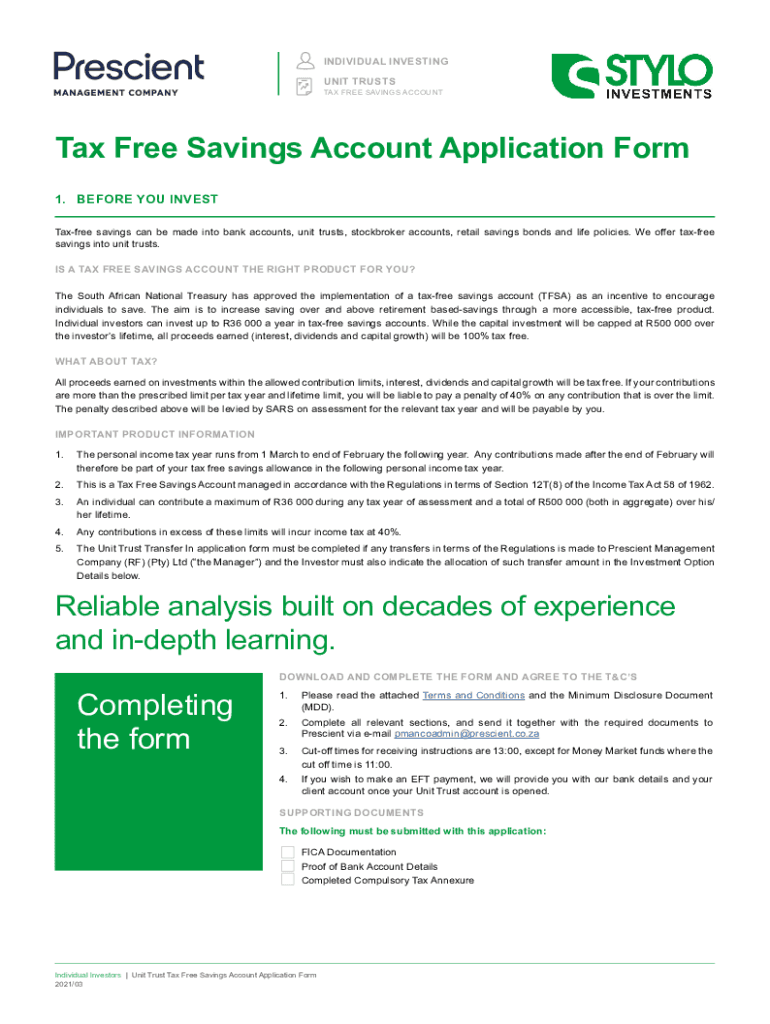 Fillable Online UNIT TRUST APPLICATION FORM Tax Free Savings Account for ... Fax Email Print ...