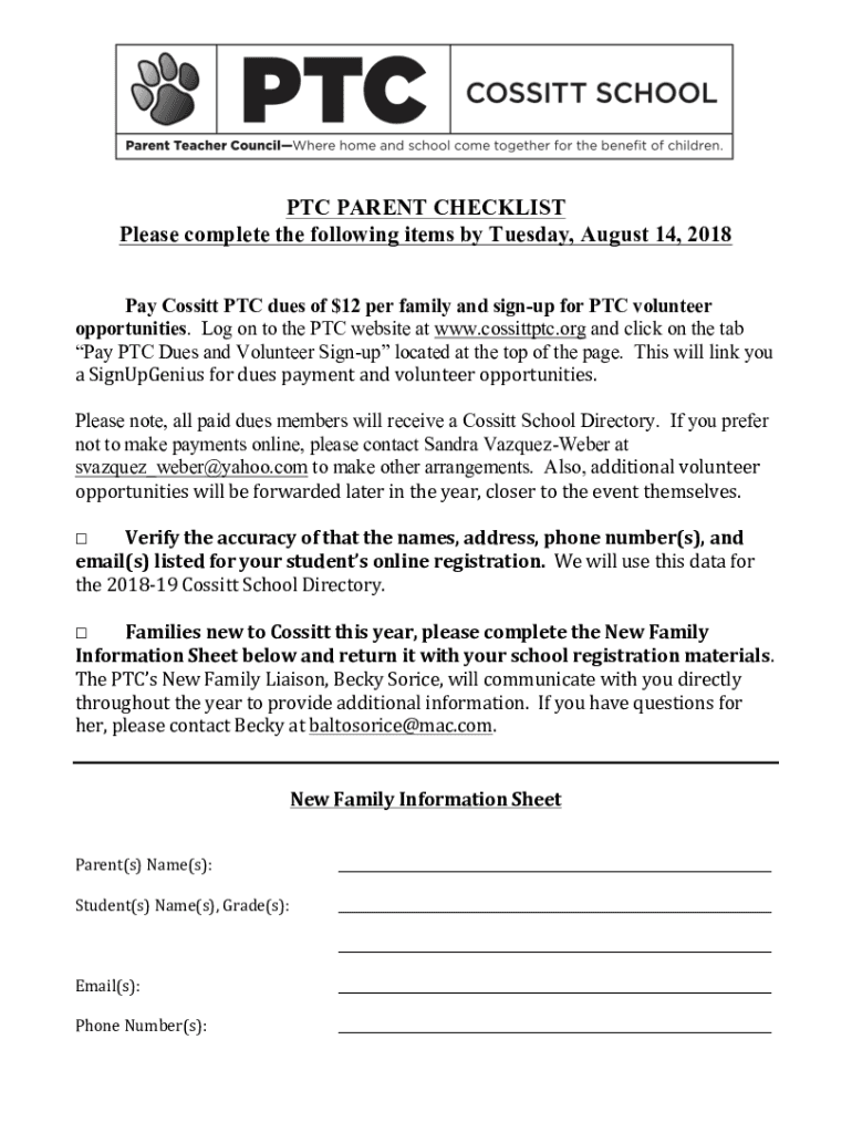 Fillable Online PTC PARENT CHECKLIST Please complete the following Fax ...