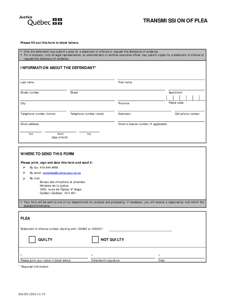 Fillable Online Transmission of plea form. Form to be completed in ...
