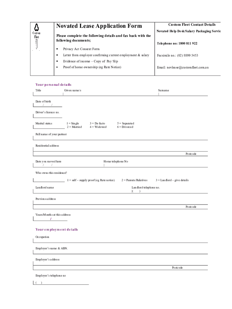 Fillable Online Novated Lease Application Form Custom Fleet Contact ...