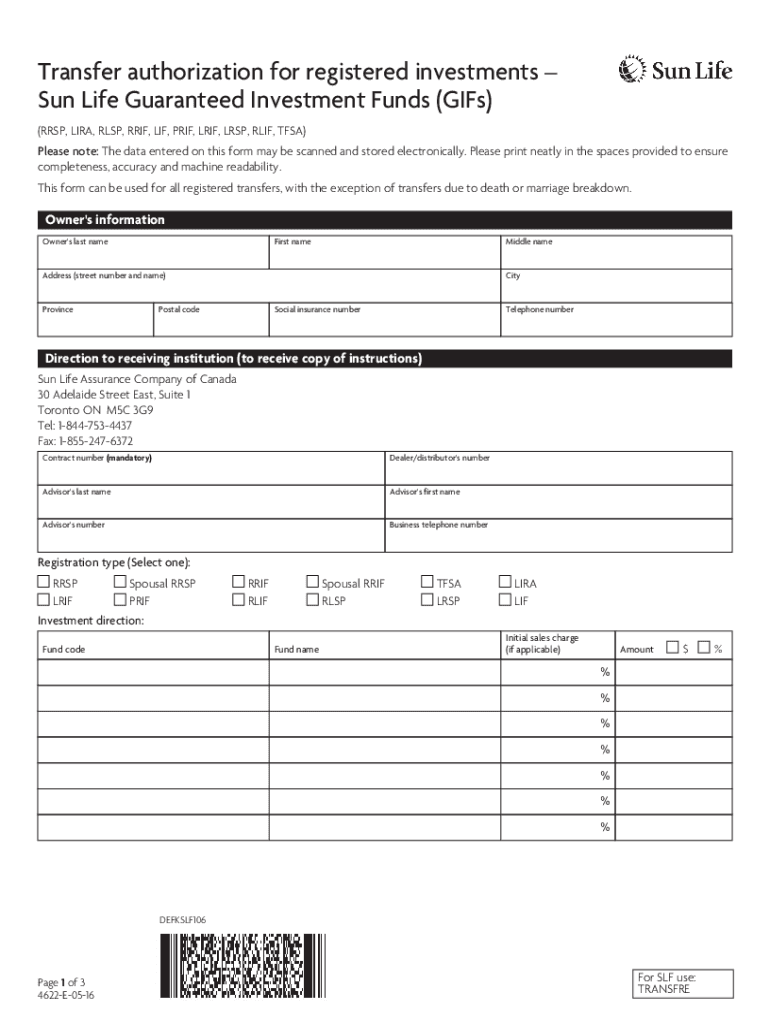 Fillable Online Transfer authorization for registered investments - Sun ...