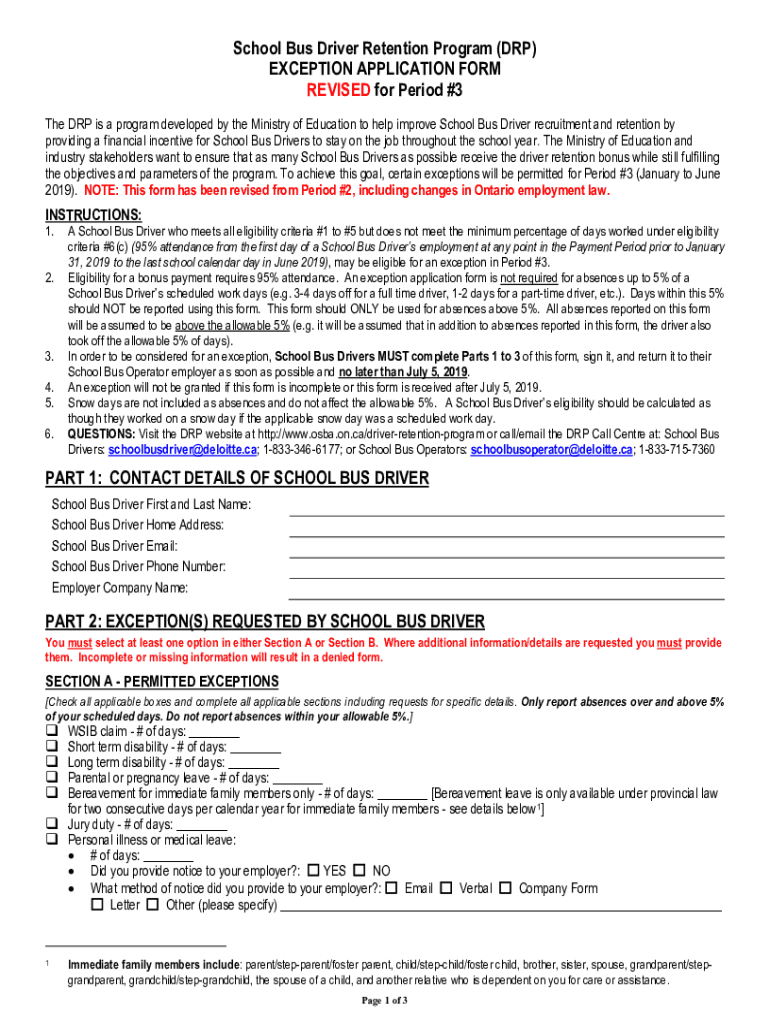Fillable Online School Bus Driver Retention Program (DRP) EXCEPTION ...