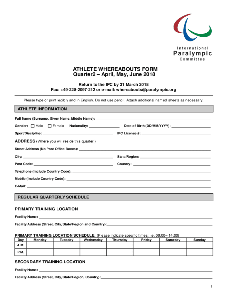 Fillable Online ATHLETE LOCATION FORM - International Paralympic Committee Fax Email Print ...