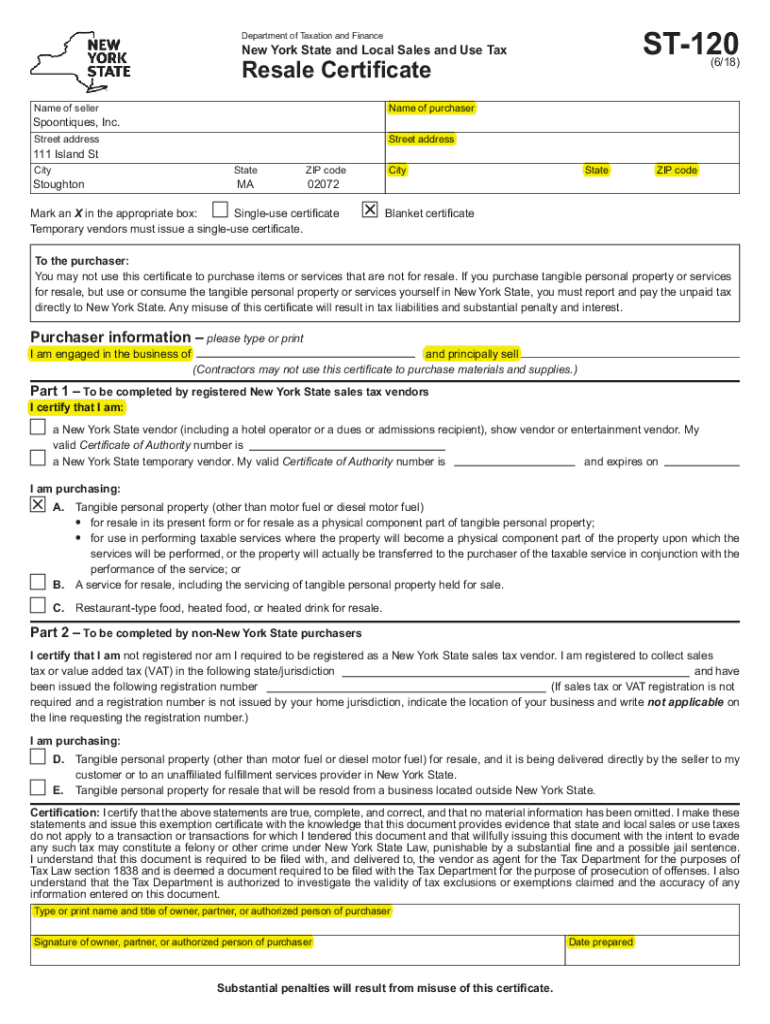 Fillable Online Form ST-120:6/18: Resale Certificate:st120 ...
