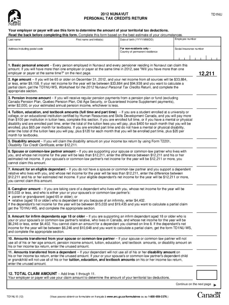 Fillable Online www.canada.caenrevenue-agencyFiling Form TD1, Personal ...