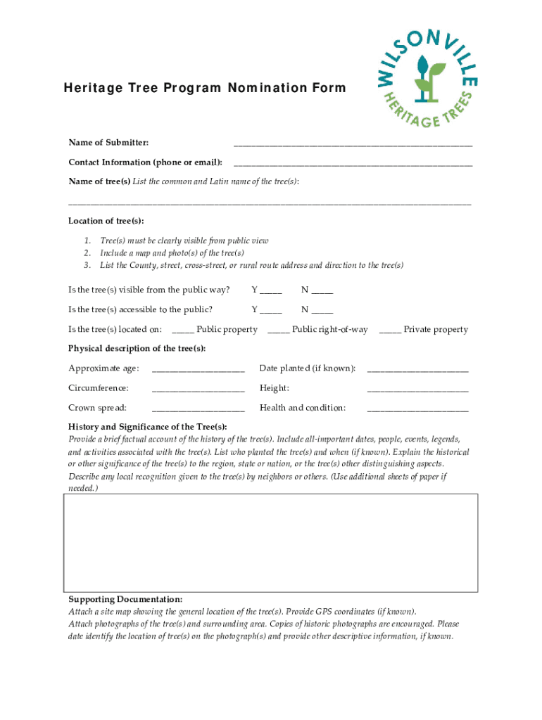Fillable Online Heritage Tree Program Nomination FormWilsonville Oregon ...
