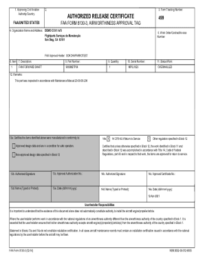 Fillable Online AUTHORIZED RELEASE CERTIFICATE 499 FAA FORM 8130-3 ...