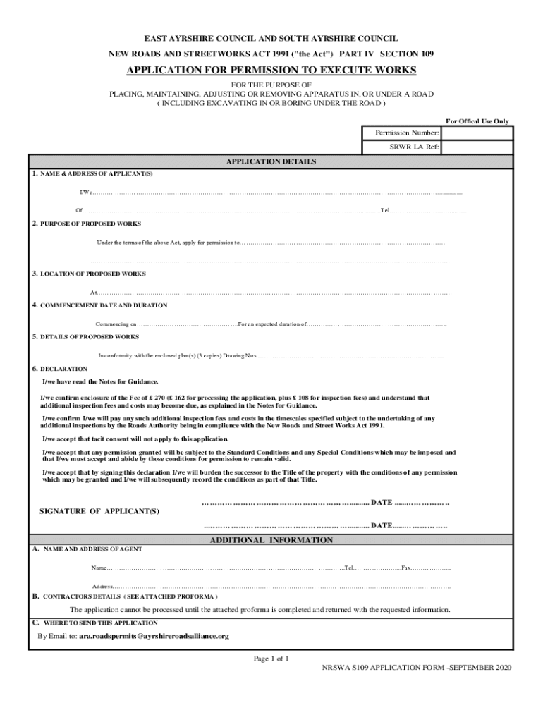 Fillable Online NRSWA 1991 Section 109 Application Form September 2020 ...