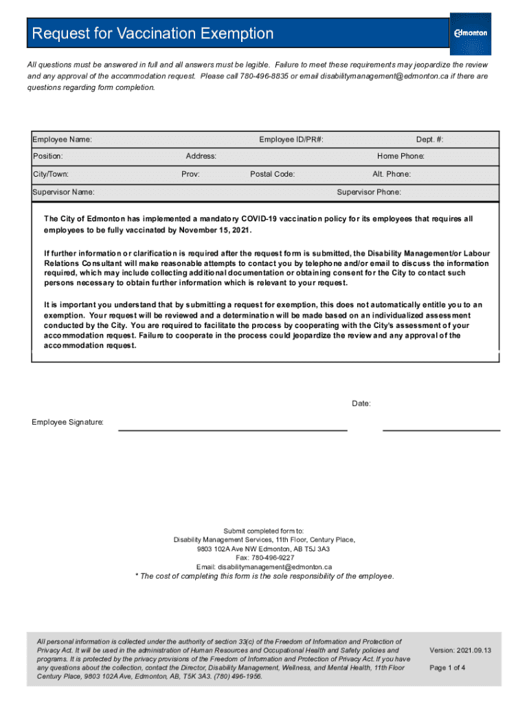 Fillable Online Request for Vaccination Exemption Application. Request for Vaccination Exemption ...