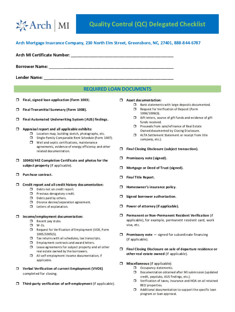 Fillable Online Arch MI Quality Control Document Checklist ... - Arch ...