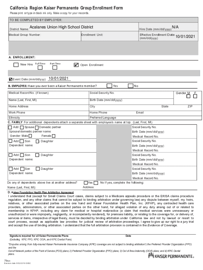 Fillable Online www.pusd.ussitehandlersCalifornia Region Kaiser Permanente Group Enrollment ...