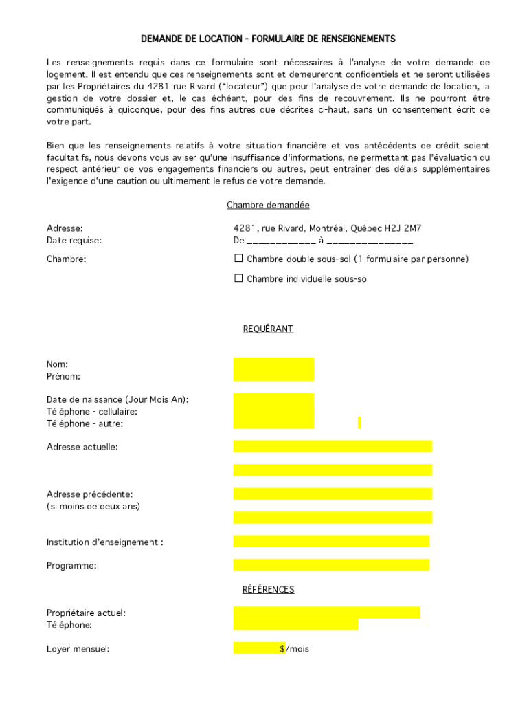 Fillable Online DEMANDE DE LOCATION FORMULAIRE DE Fax Email Print ...