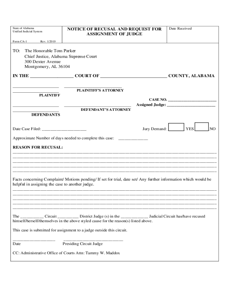 Fillable Online eforms alacourt Notice of Recusal and Request for ...