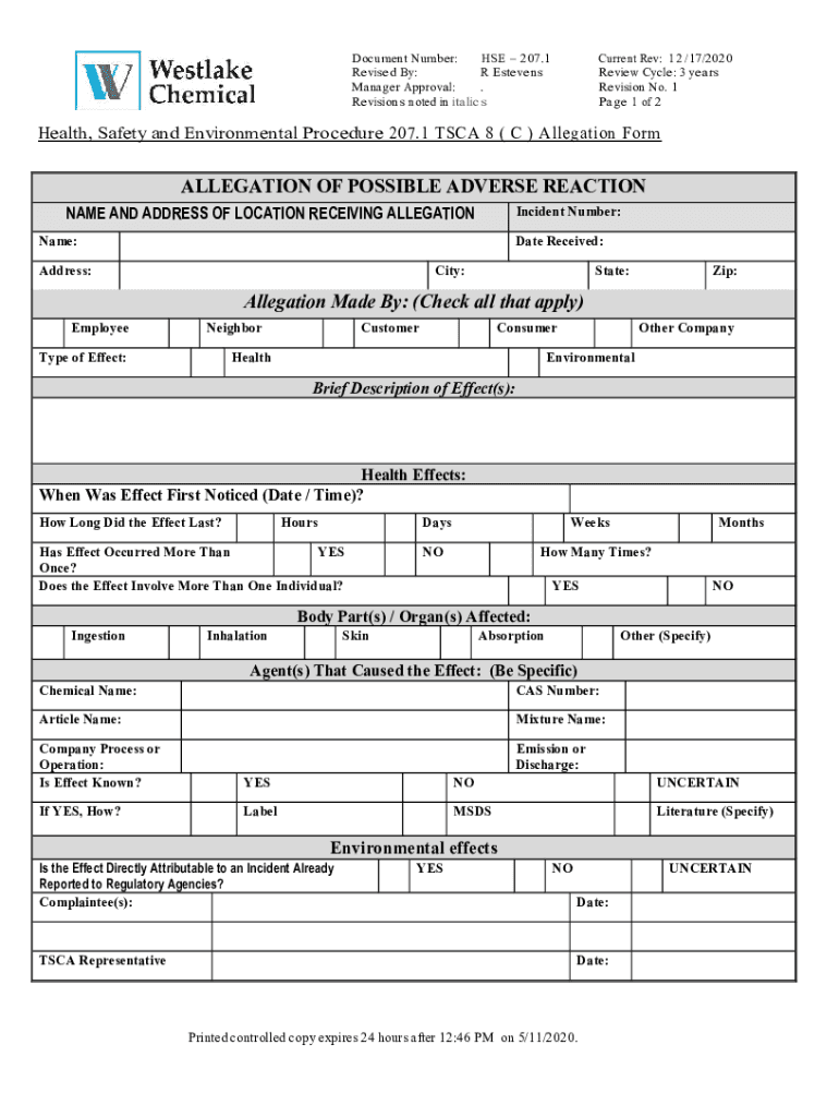 Fillable Online 2071 TSCA 8C Allegation Form.pdf - Westlake Chemical ...