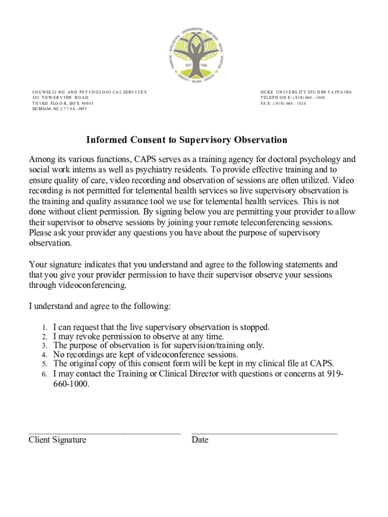 Fillable Online studentaffairs duke Informed Consent to Supervisory ...