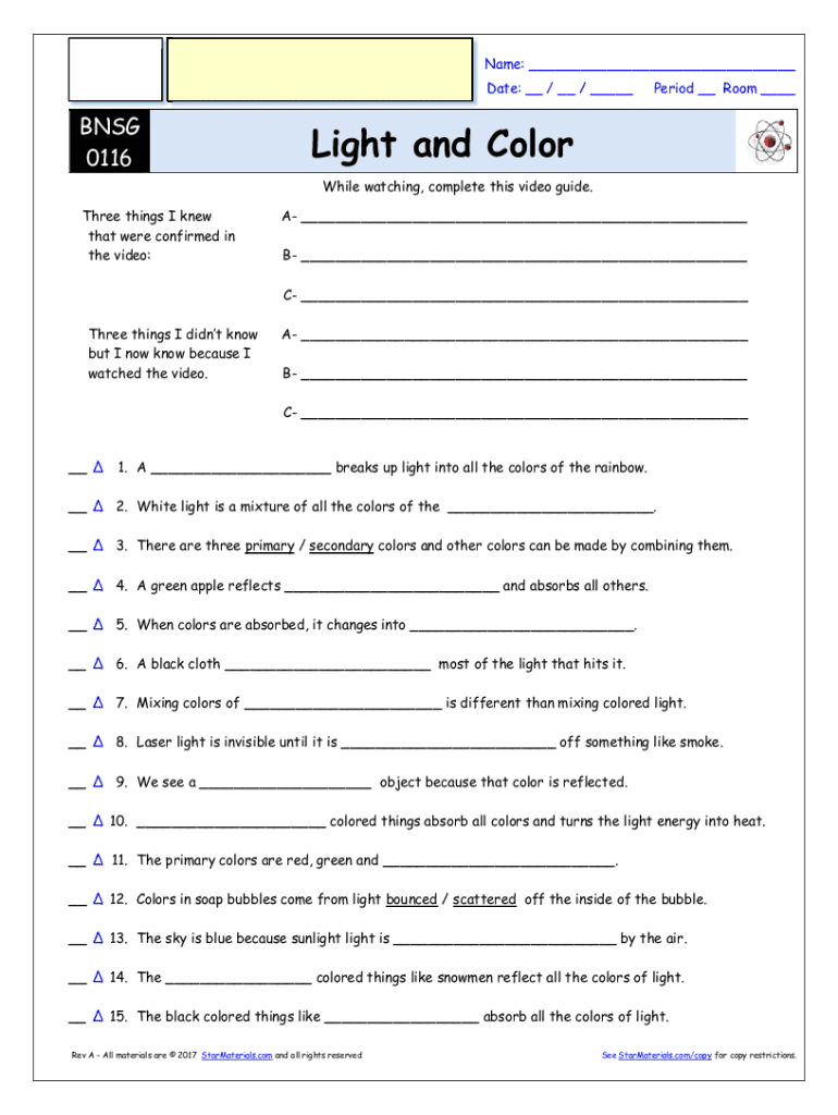 Fillable Online Bill Nye Light and Color worksheet.pdf. Science Fax ...