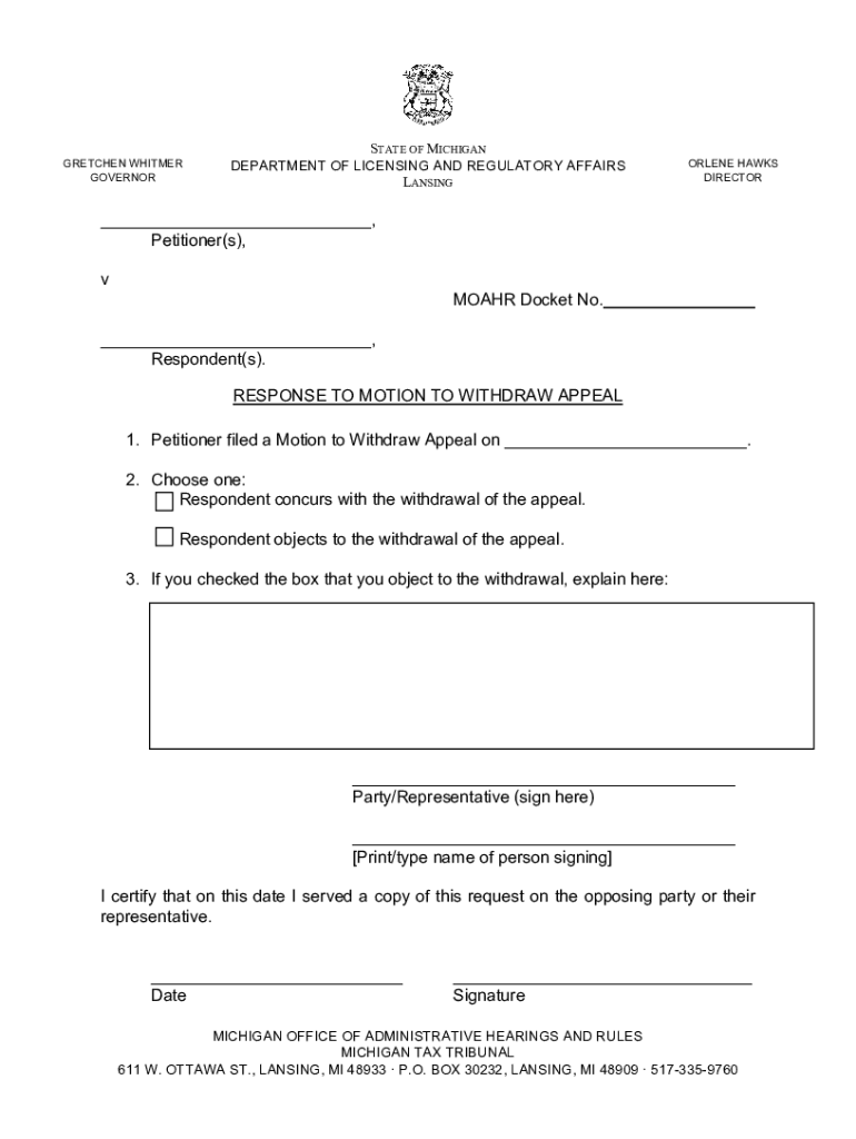 Fillable Online Response to Motion to Withdraw Appeal Form Fax Email ...
