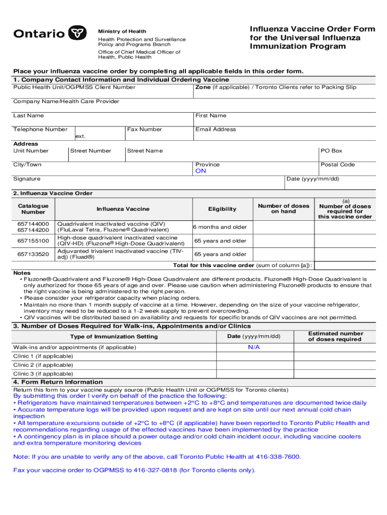 Fillable Online Influenza Vaccine Order Form for the Universal ...
