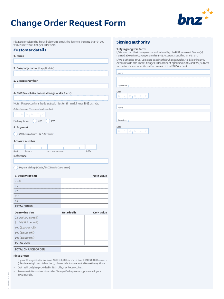 Bnz Change Order Form - Fill Online, Printable, Fillable, Blank | pdfFiller
