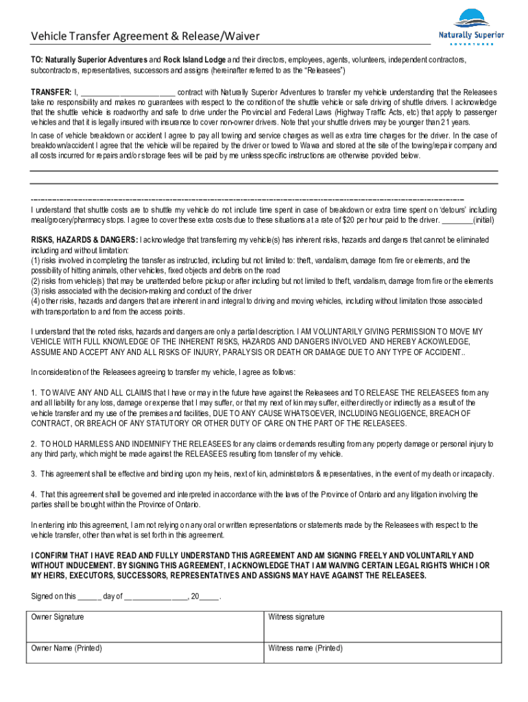 Fillable Online Vehicle Transfer Agreement & Release ... - Naturally ...
