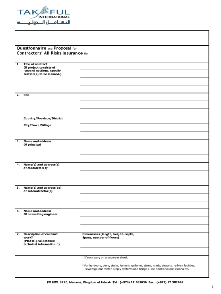 Fillable Online Questionnaire and proposal for contractors all risks ...
