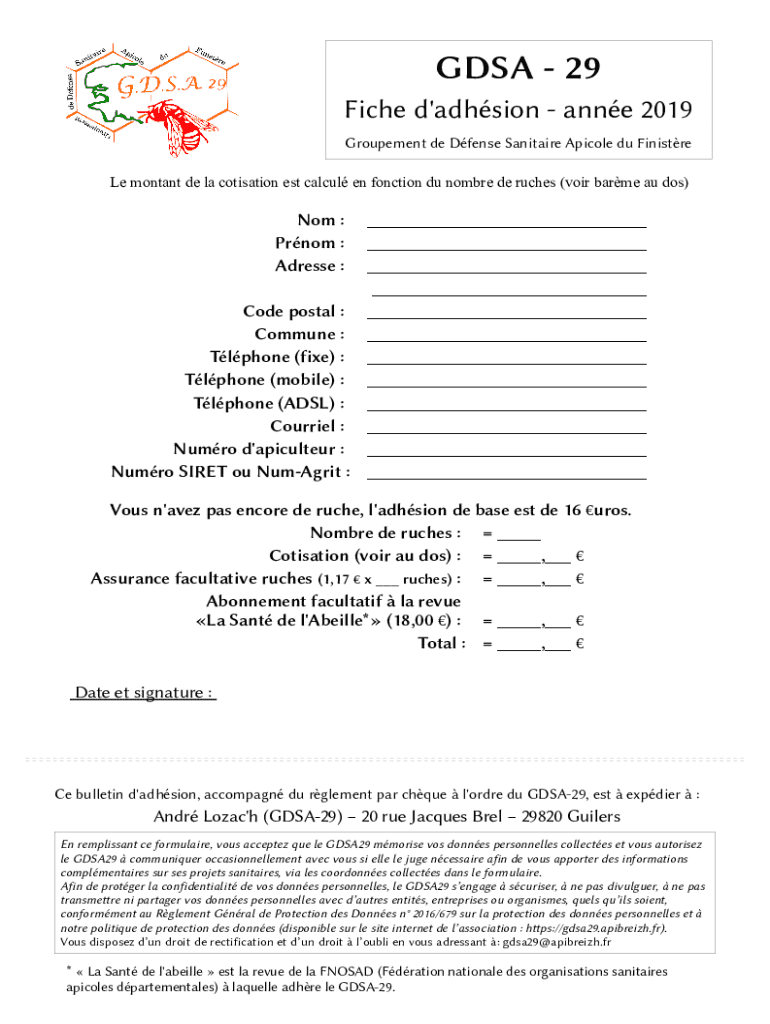 Fillable Online ADHESION au GDSA-29 - gdsa29.apibreizh.fr Fax Email ...