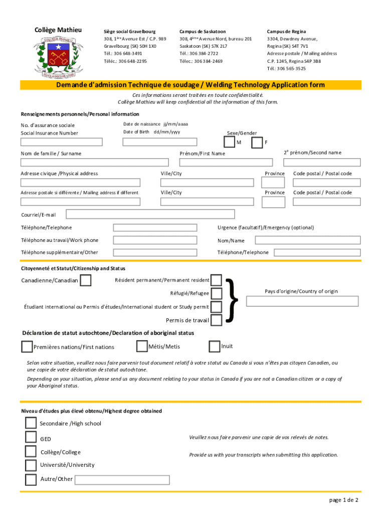 Fillable Online Fillable Online Demande d'admission Application form ...