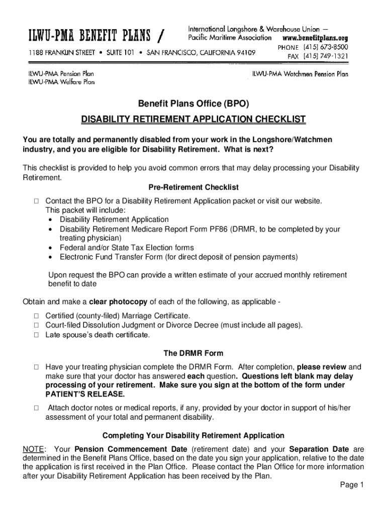 Fillable Online Benefit Plans Office (BPO) DISABILITY RETIREMENT ...