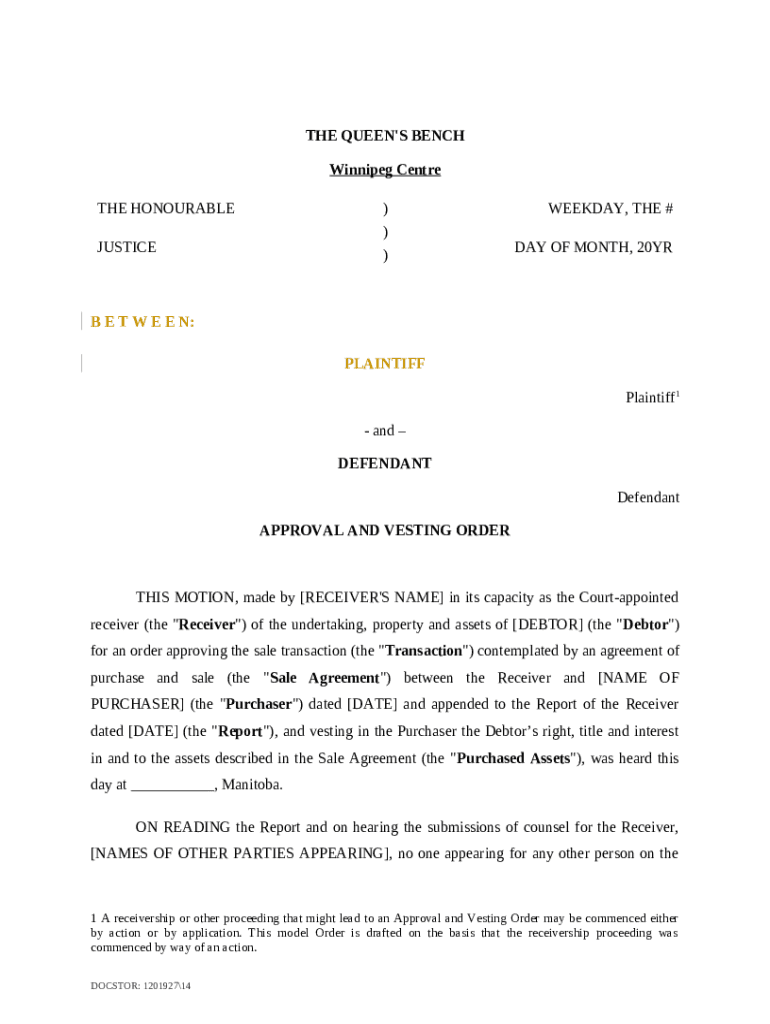 Approval and Vesting Order. Commercial List, Doc Template | pdfFiller