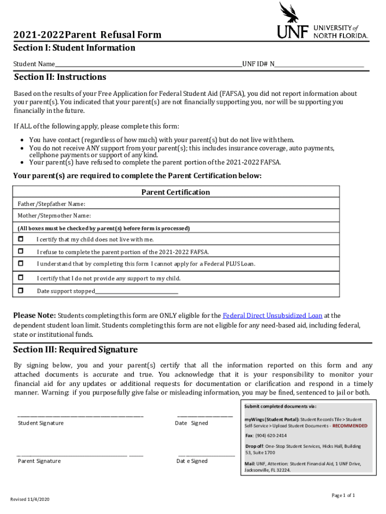 Fillable Online 2020-2021 Parent Refusal Form - University of North Florida Fax Email Print ...