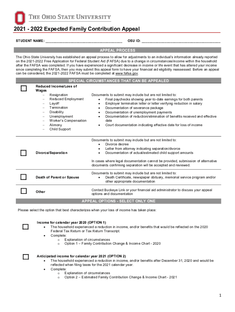 Fillable Online sfa osu 2021 Expected Family Contribution ... - Ohio ...