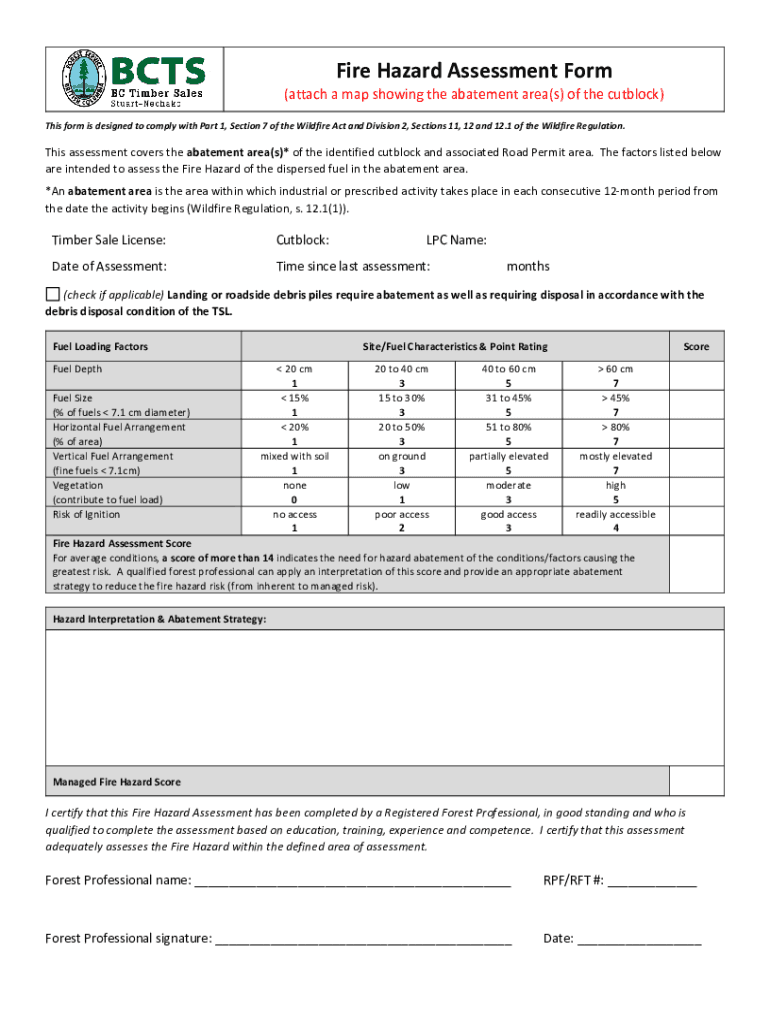 Fillable Online Fire Hazard Assessment Form - British Columbia Fax ...
