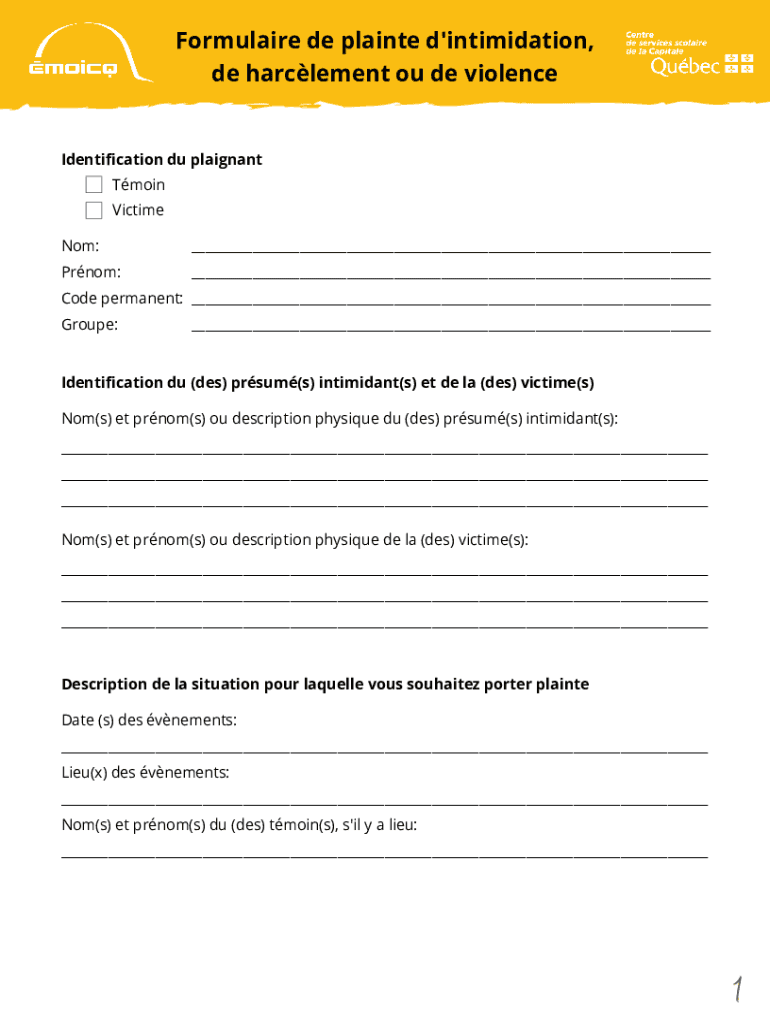 Fillable Online Formulaire de plainte d'intimidation, de harclement ou de violence Fax Email ...