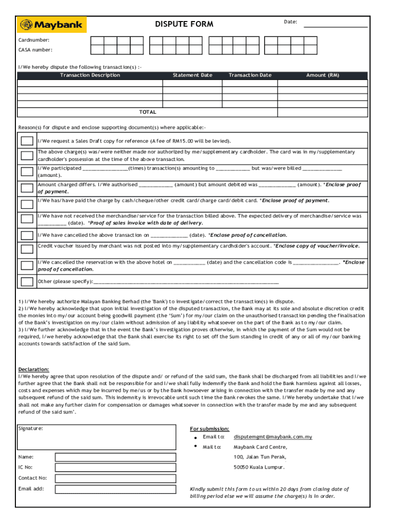 Fillable Online DISPUTE FORM - Maybank Fax Email Print - pdfFiller