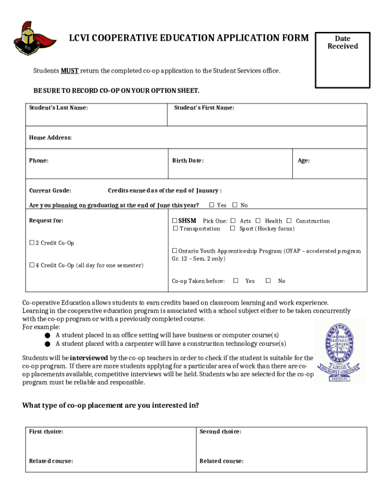 Fillable Online lcv tldsb on Application to Cooperative Education ...