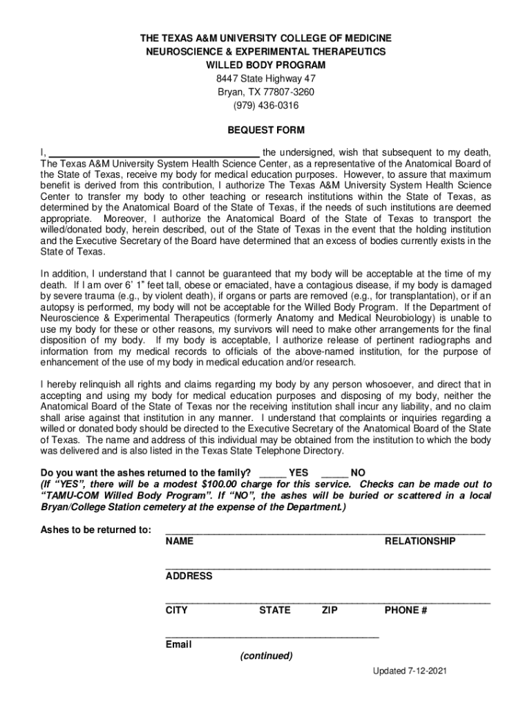 Fillable Online Willed Body Program - Texas A&M College of Medicine Fax ...