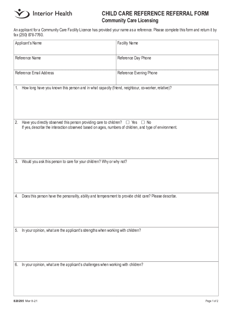 Fillable Online Child Care Reference Referral Form (Child Care) - IH ...