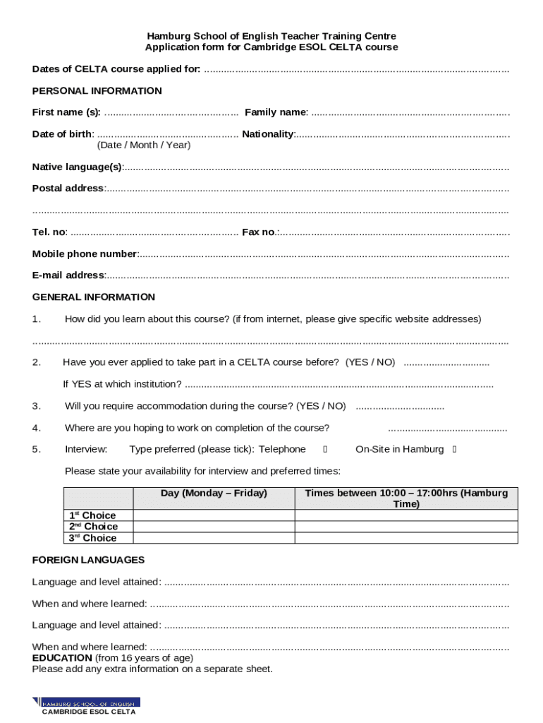 Application for Cambridge/RSA CELTA course Doc Template | pdfFiller