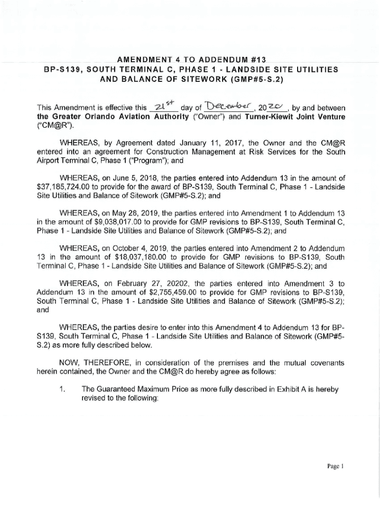 Fillable Online Turner-Kiewit Joint Venture Amendment No. 4 to Addendum ...