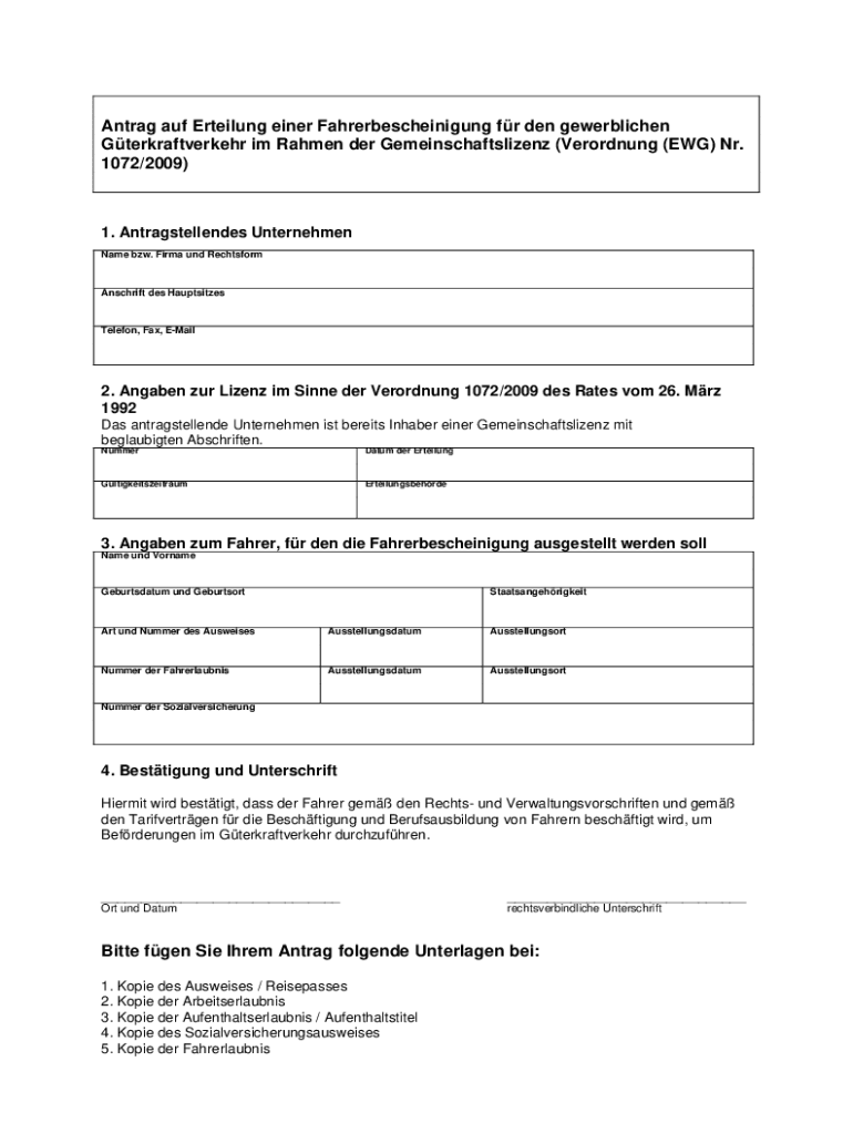 Fillable Online Antrag auf Erteilung einer Fahrerbescheinigung fr den gewerblichen ...