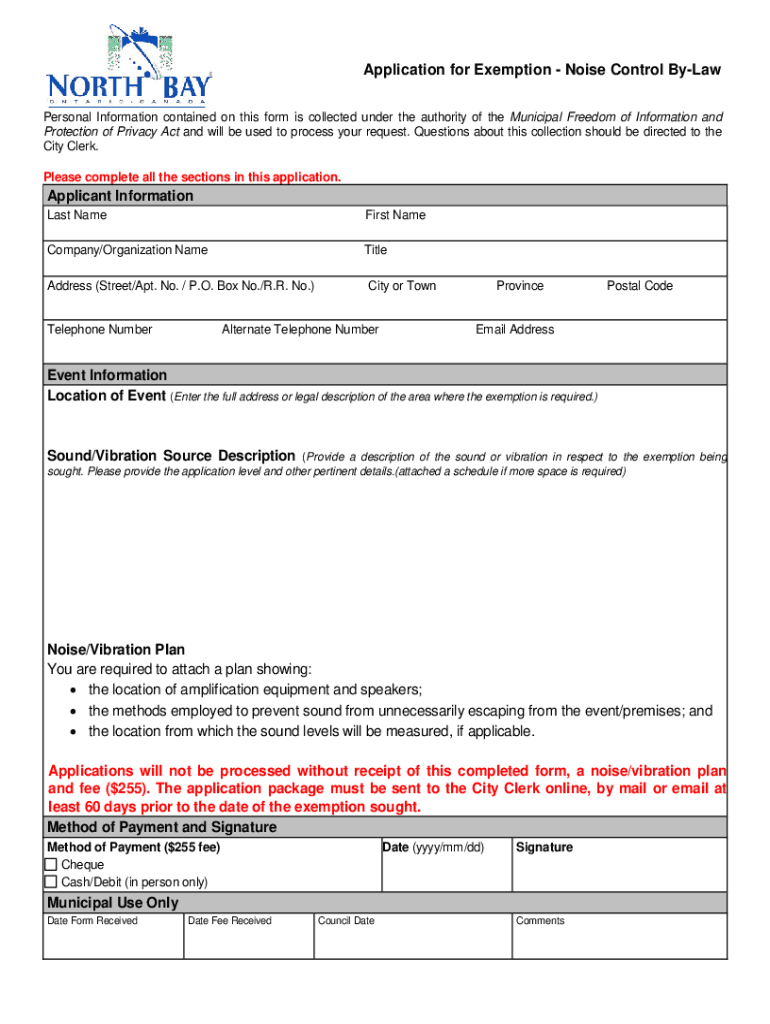 Fillable Online Application for Exemption - Noise Control By-Law. Noise Control Exemption ...