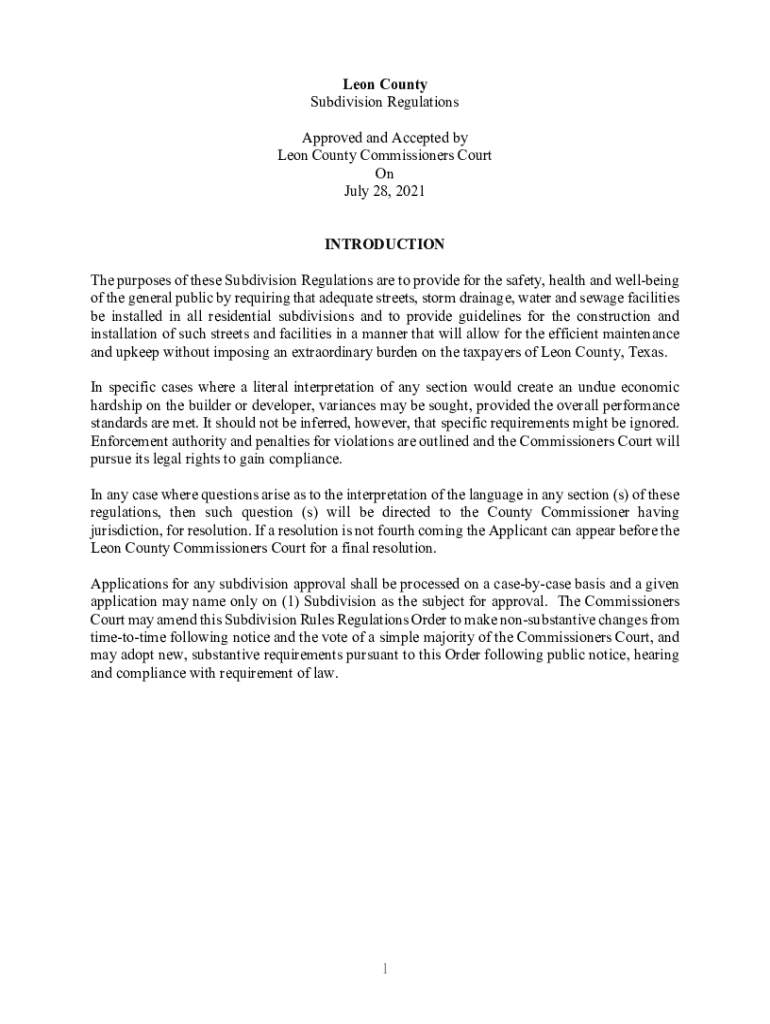 Fillable Online Leon County Subdivision Regulations Approved and Accepted ... Fax Email Print ...