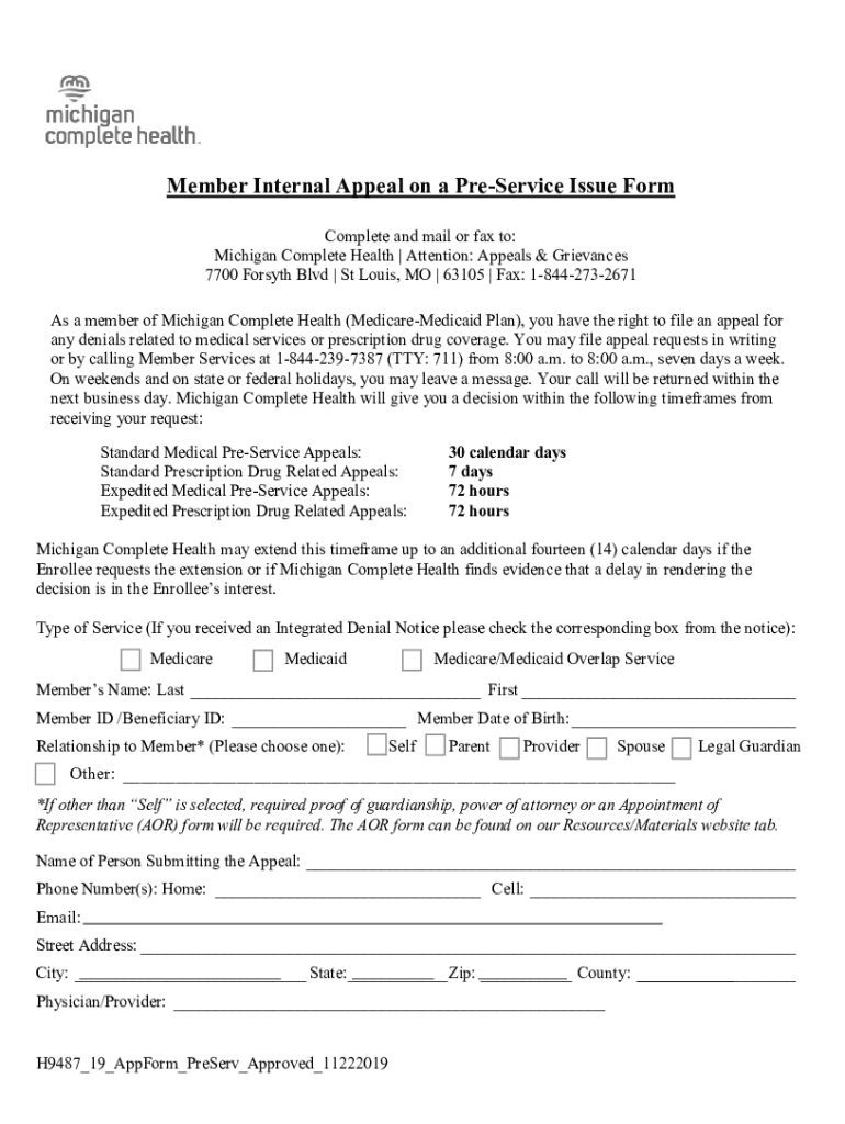 Fillable Online Member Internal Appeal on a Pre-Service Issue Form ...