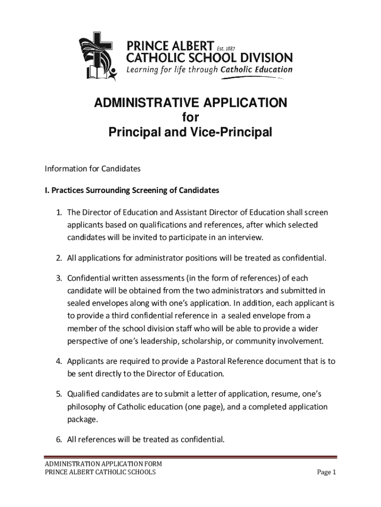Fillable Online ADMINISTRATIVE APPLICATION for Principal and Vice ...