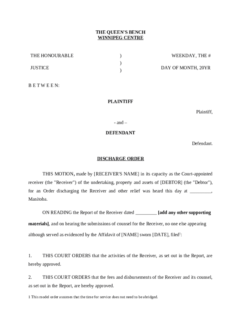 Approval and Vesting Order - Manitoba Courts Doc Template | pdfFiller
