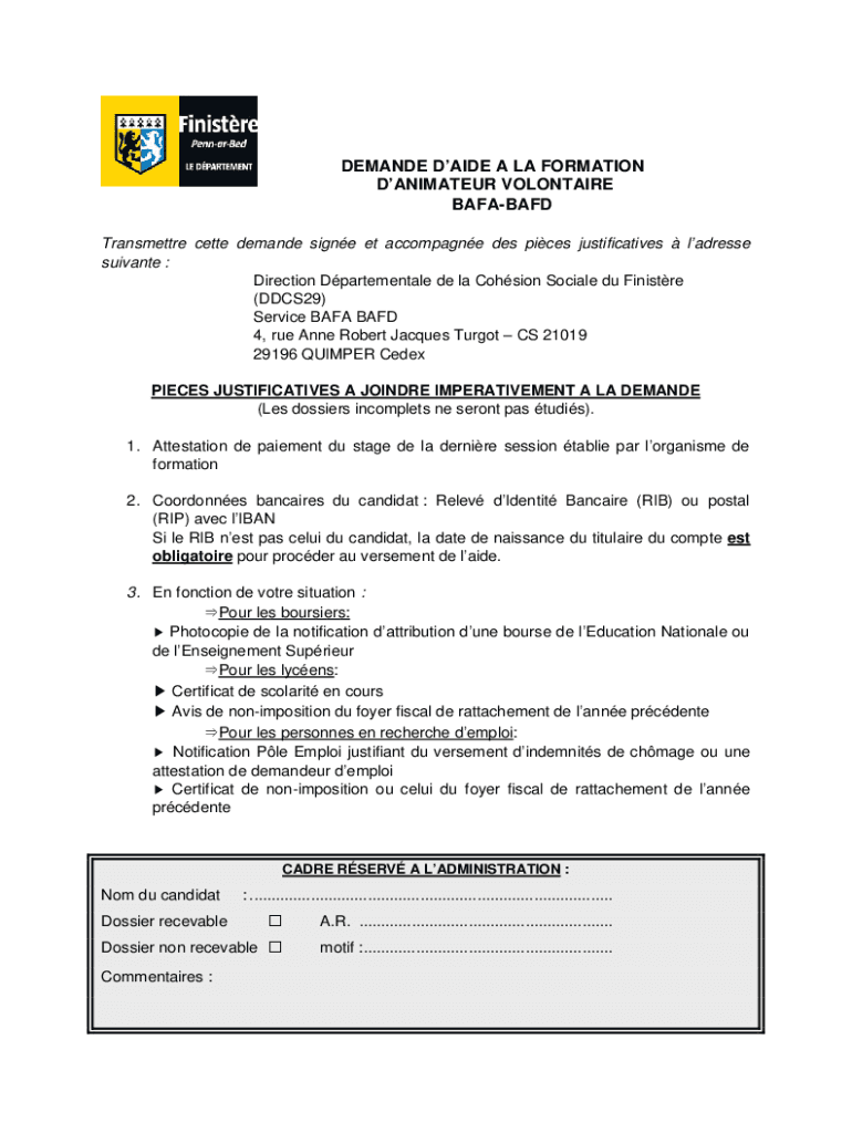 Fillable Online DEMANDE D'AIDE A LA FORMATION D'ANIMATEUR VOLONTAIRE ... Fax Email Print - pdfFiller
