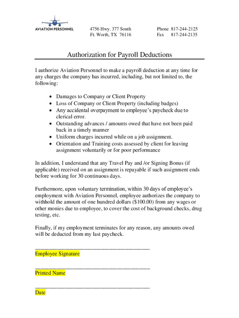 Fillable Online Payroll Deduction Authorization Form Fax Email Print - pdfFiller