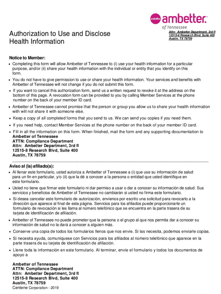 Fillable Online Authorization to Use and Disclose Health Information - Ambetter of ... Fax Email ...