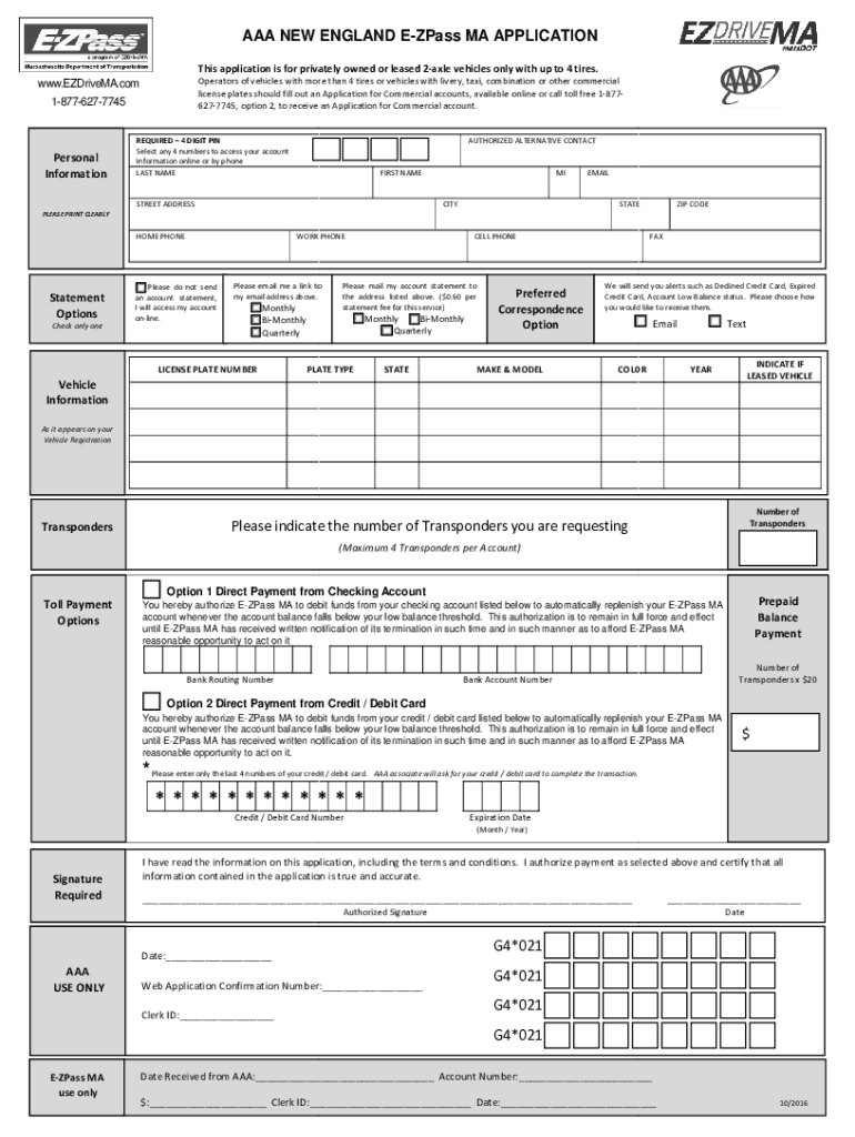 Fillable Online ww.ezdrivema.comPortals0AAA NEW ENGLAND E-ZPass MA ...